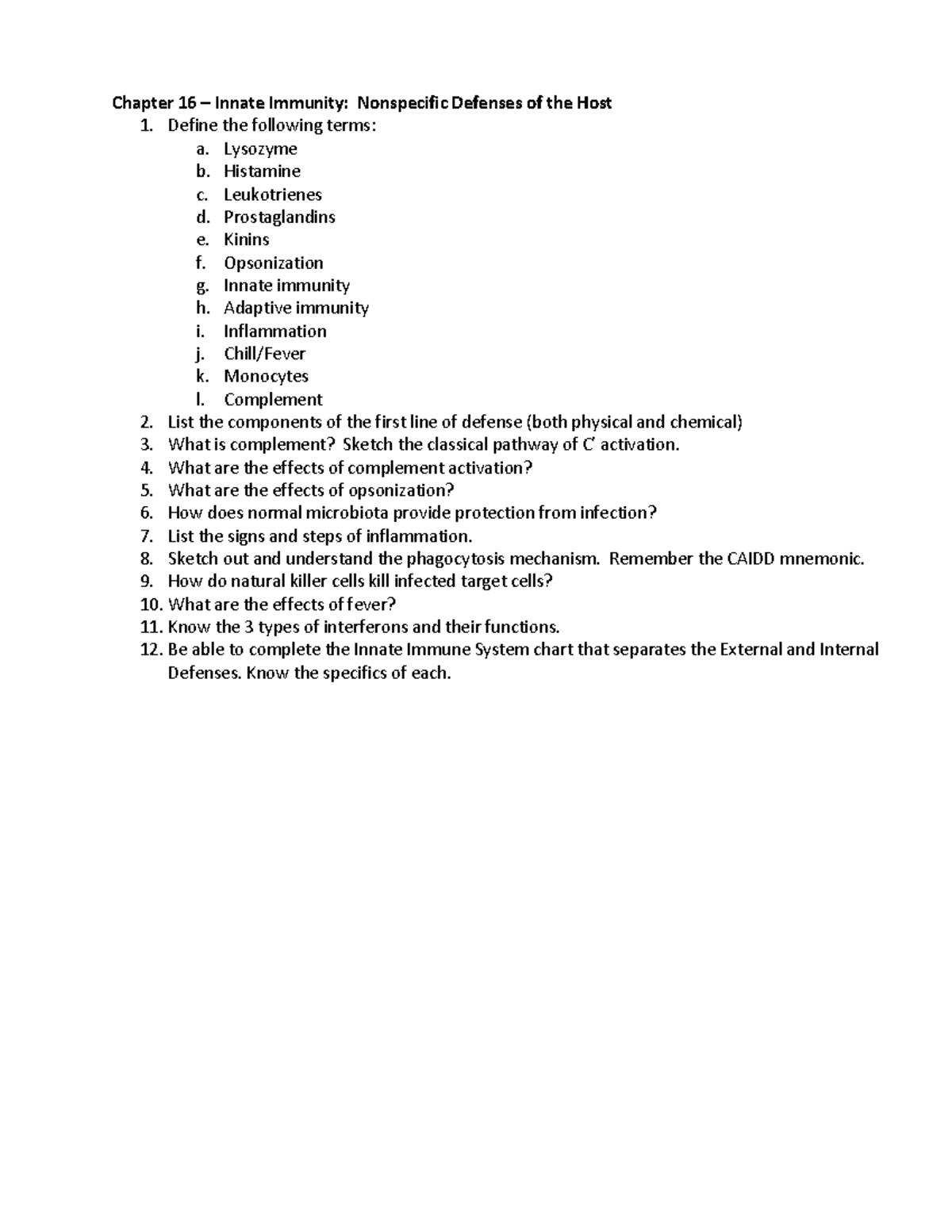 Ch.16 and Ch.17 Study Guide - Chapter 16 – Innate Immunity: Nonspecific ...