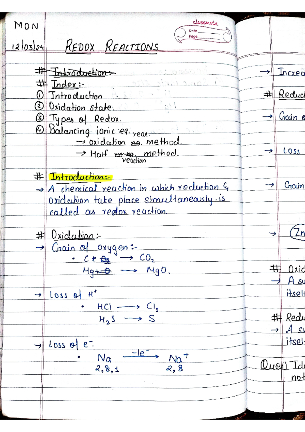 Chemistry redox reactions - N classmate Date Page REDOX REACTIONS ...