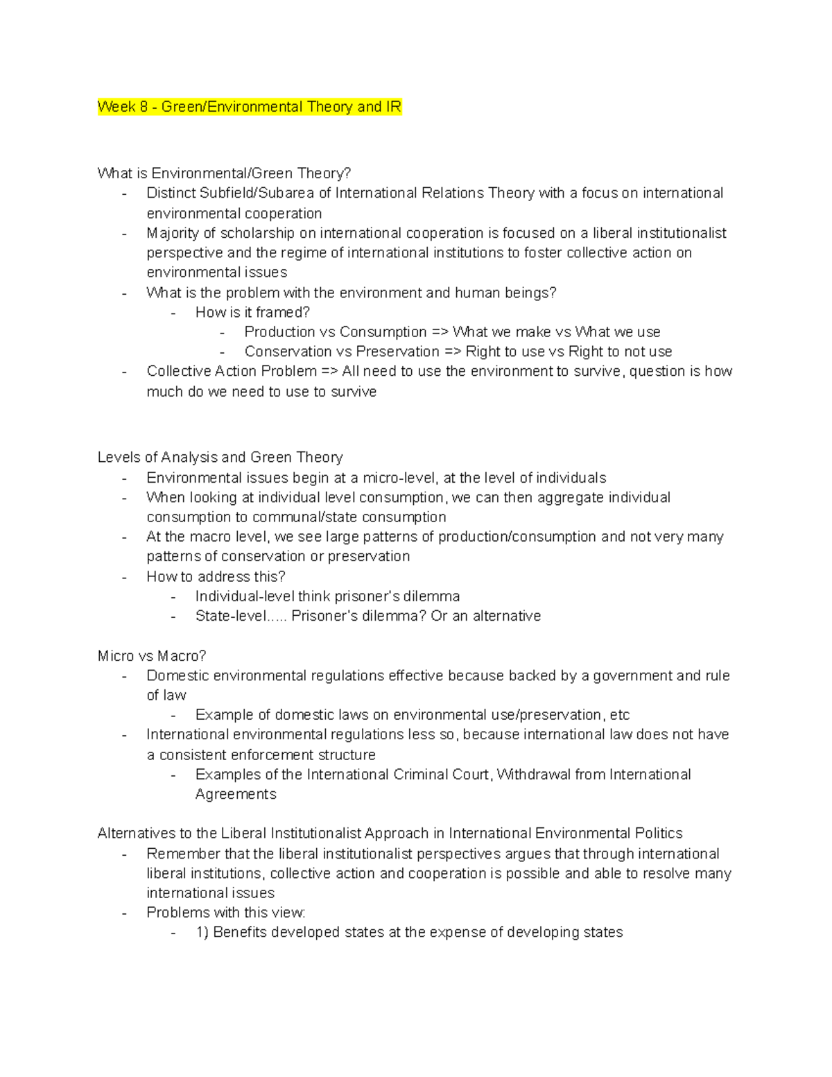 GINS3010 - Lecture 8 - Week 8 - Green/Environmental Theory and IR What ...