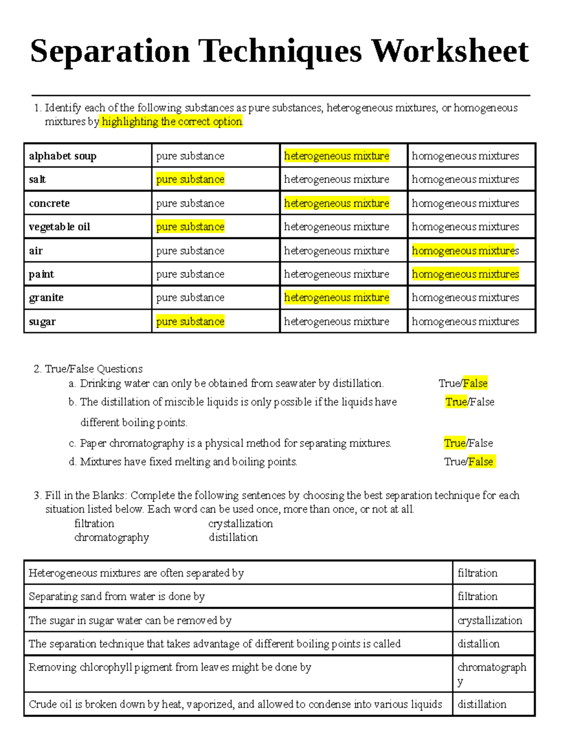 Separation Techniques Worksheet - alphabet soup pure substance ...