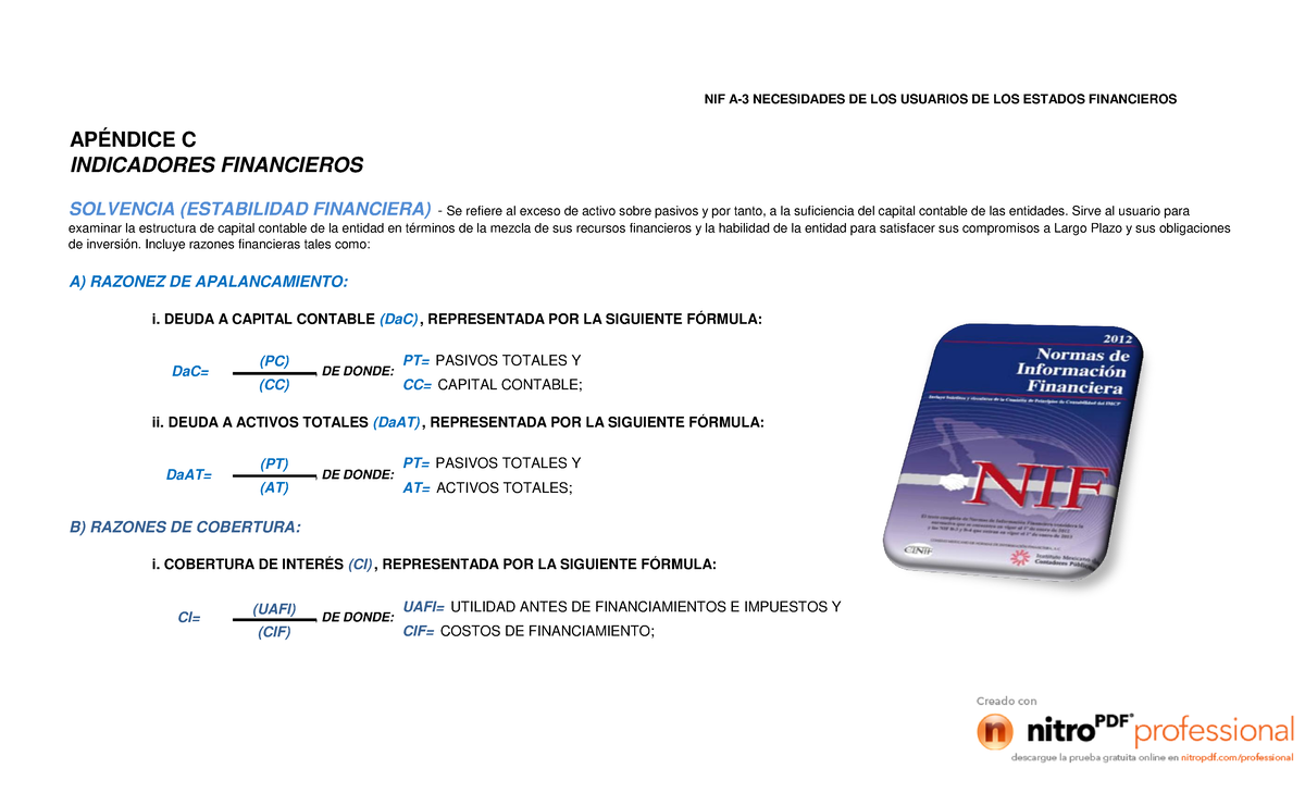 Formulas Indicadores Financieros - APÉNDICE C INDICADORES FINANCIEROS A) RAZONEZ DE ...