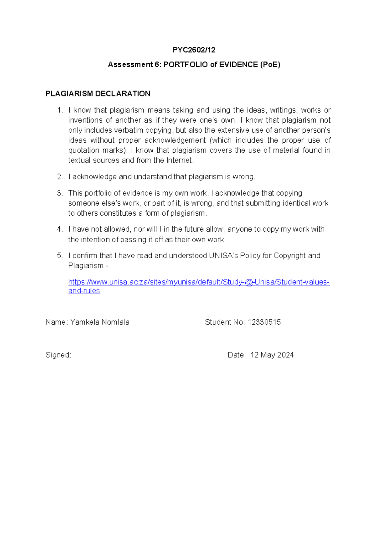 Assessment 6 Portfolio - PYC2602/ Assessment 6: PORTFOLIO of EVIDENCE ...