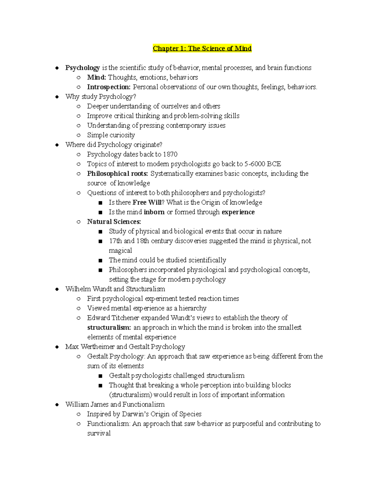 Psych Exam 1 Study Guide - Chapter 1: The Science of Mind Psychology is ...