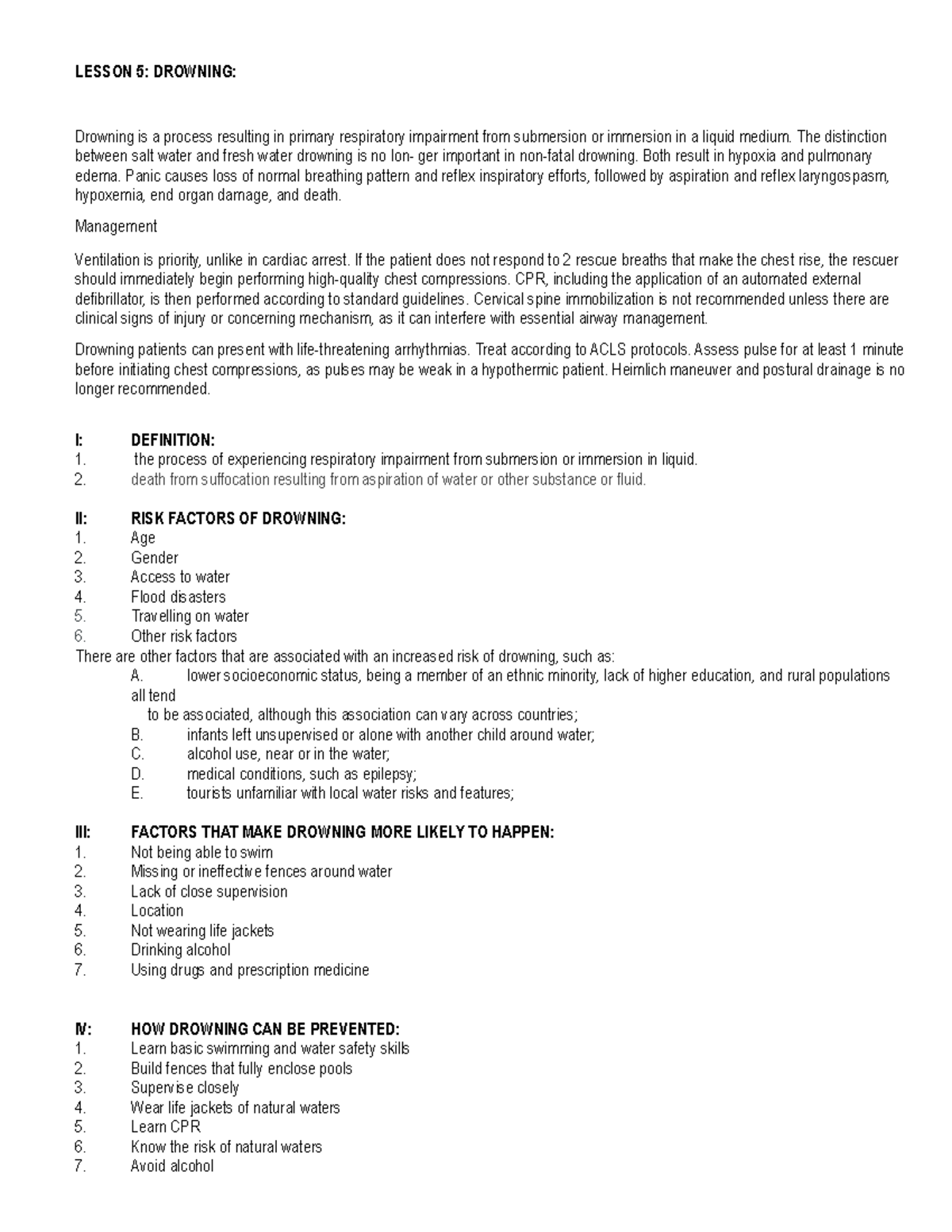 Lesson 5 Drowning - LESSON 5: DROWNING: Drowning is a process resulting ...