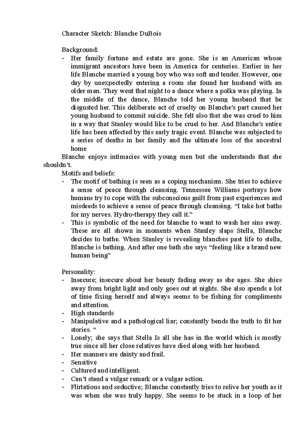 Character Sketch; Blanche Du Bois - Character Sketch: Blanche DuBois ...