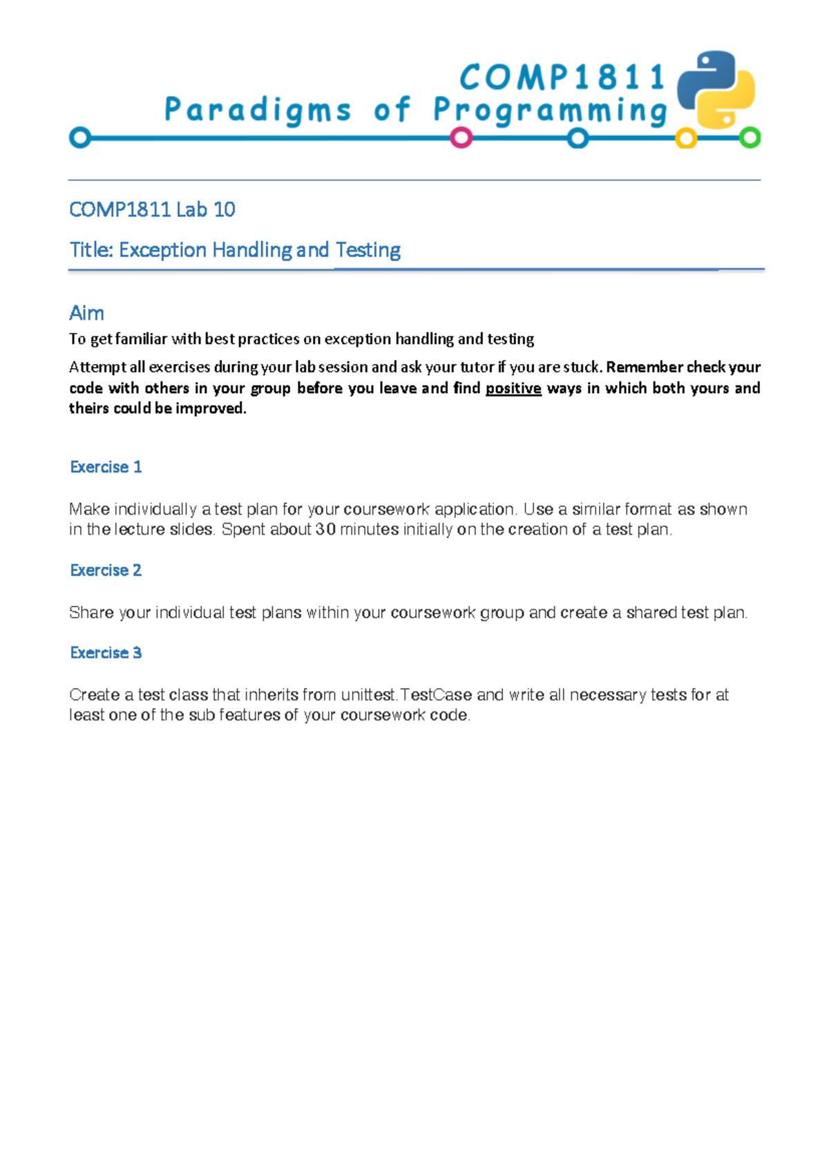 11 - LAB - COMP18 11 Lab 10 Title: Exception Handling and Testing Aim ...