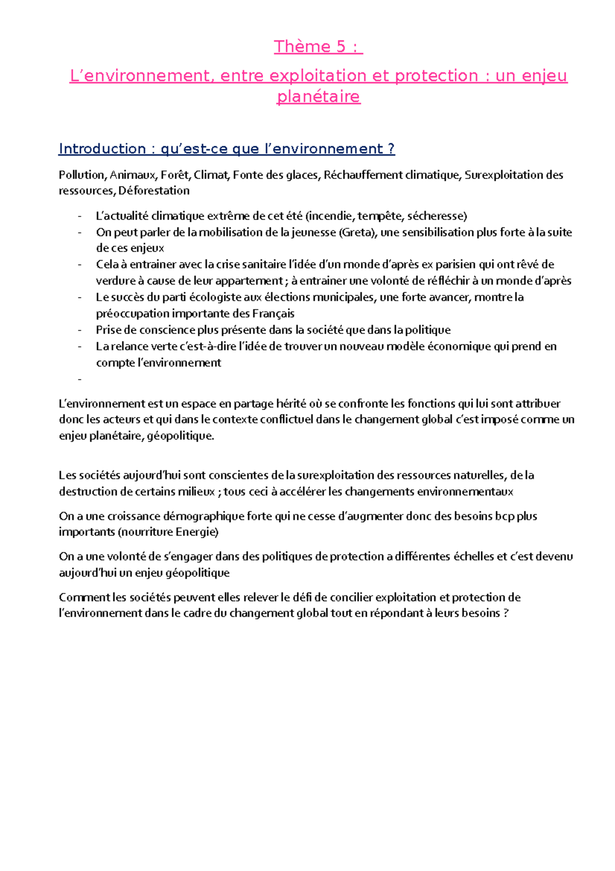 Thème 5 - cours environnement - Thème 5 : L’environnement, entre ...