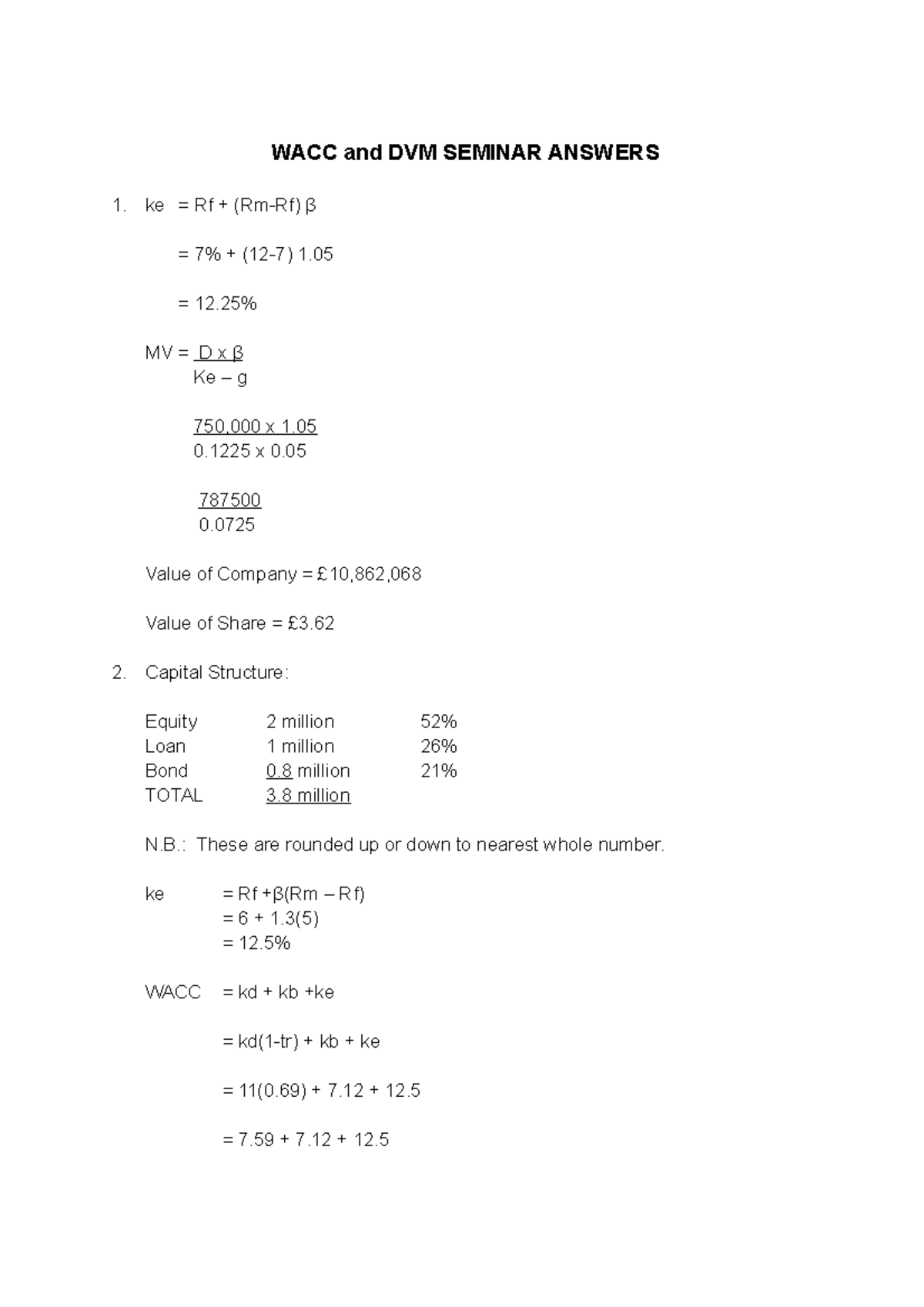 WACC and DVM S Answers - practice questions - WACC and DVM SEMINAR ...