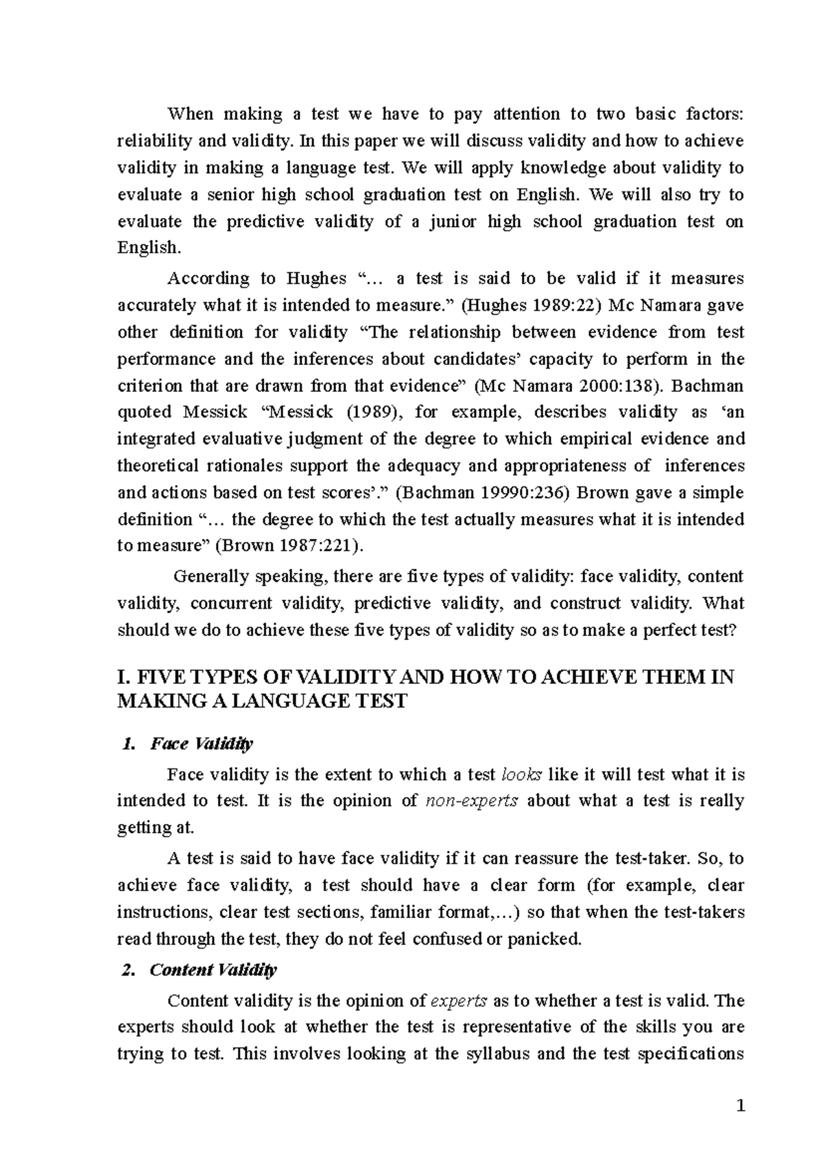 Final Paper - validity - Language Testing - When making a test we have ...