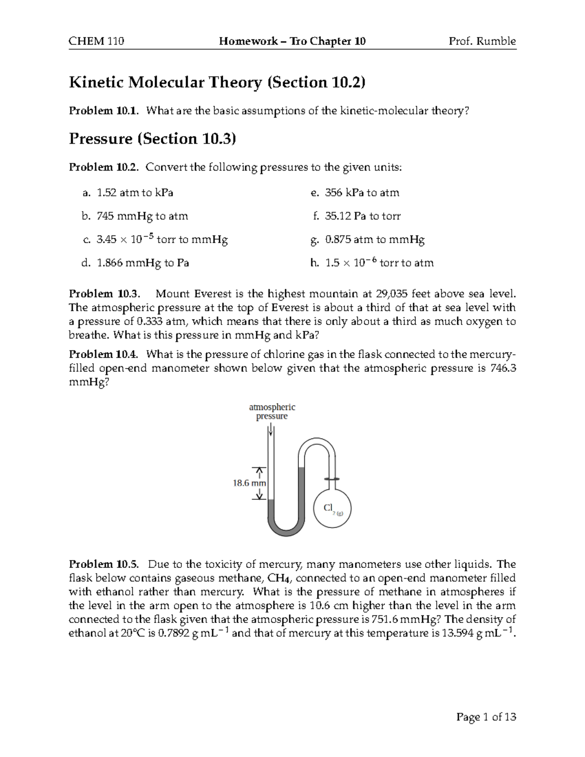 Ch10 problems - Chapter homework - Kinetic Molecular Theory (Section 10 ...