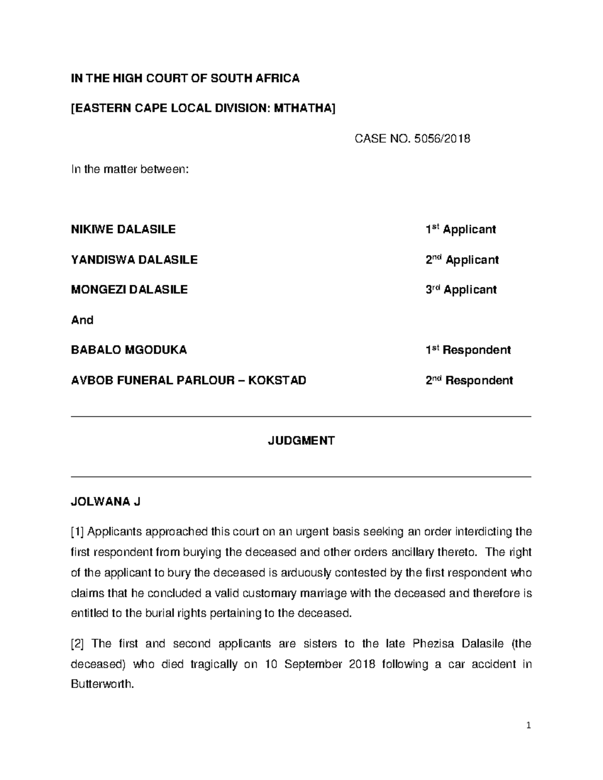 Dalasile - kdldkdk - IN THE HIGH COURT OF SOUTH AFRICA [EASTERN CAPE ...