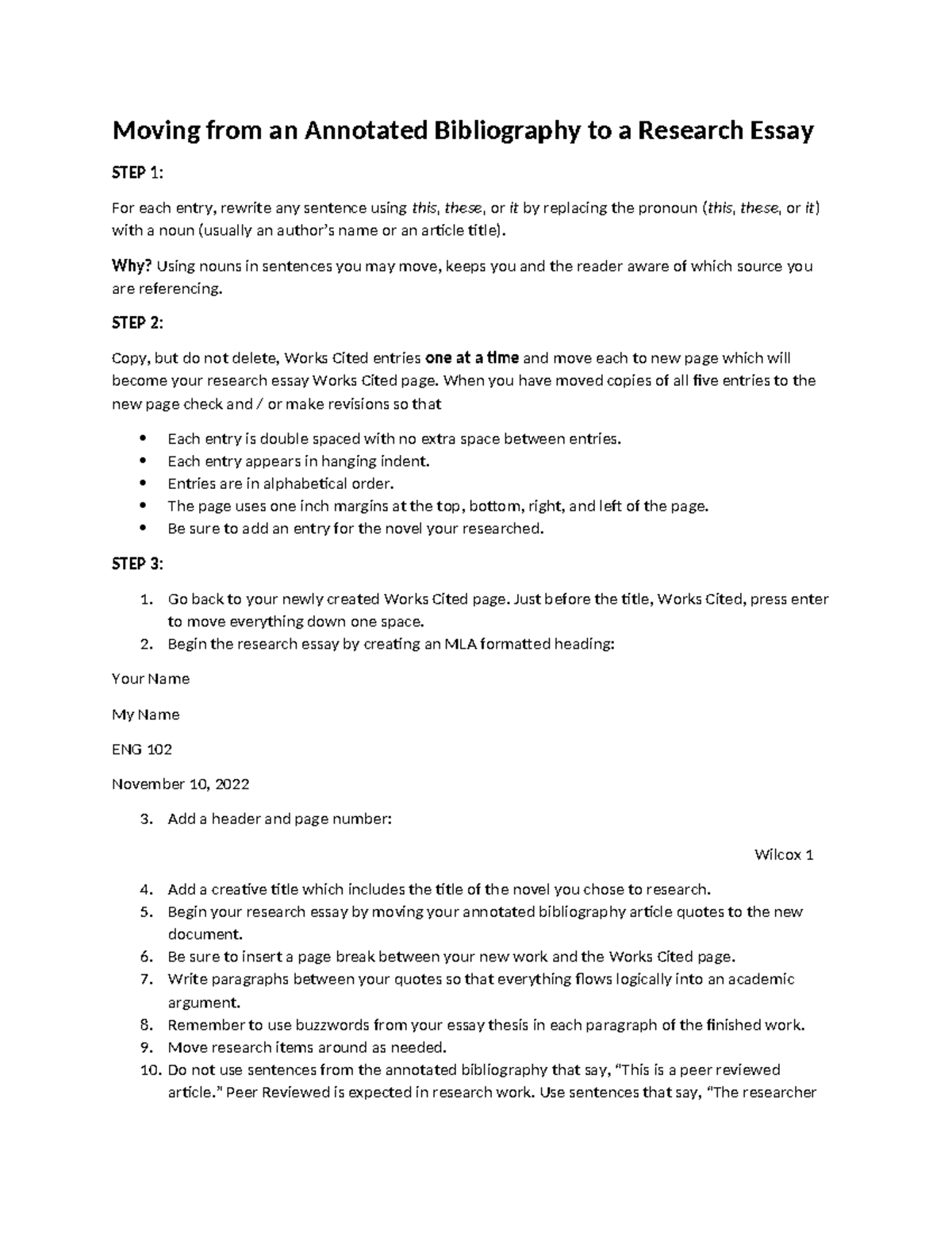 Moving from an Annotated Bibliography to a Research Essay - Why? Using ...