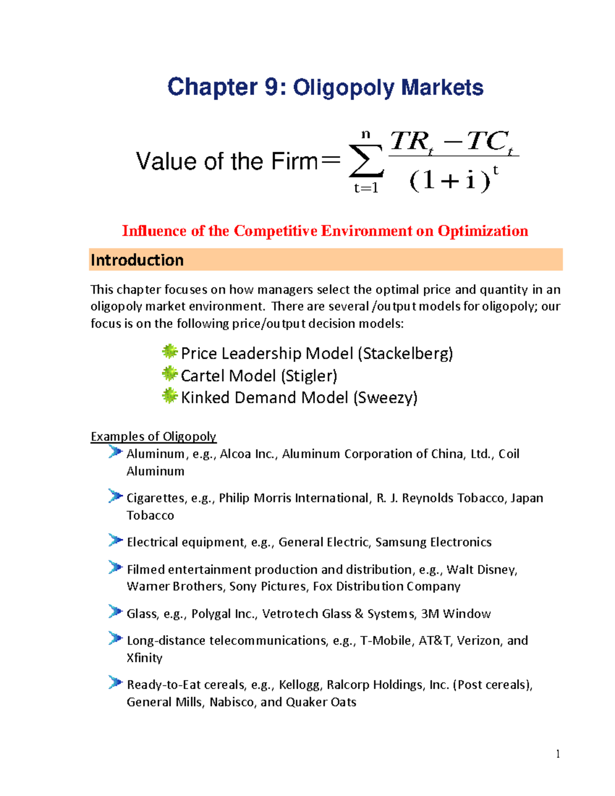 Chapter 9 Oligopoly Market 4-4-22 - Chapter 9: Oligopoly Markets Value ...