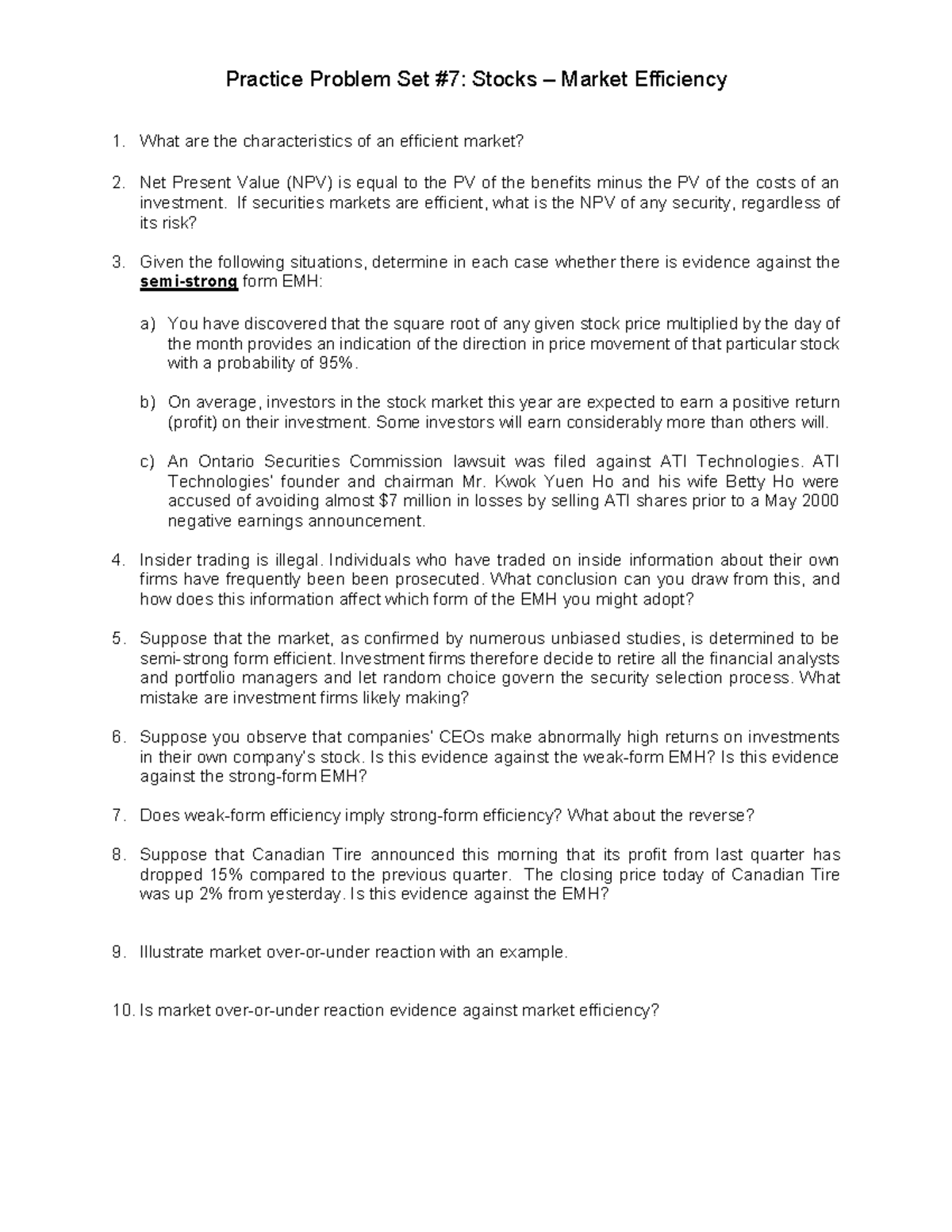 Stocks II (Market Efficiency) - Practice Problem Set #7: Stocks ...
