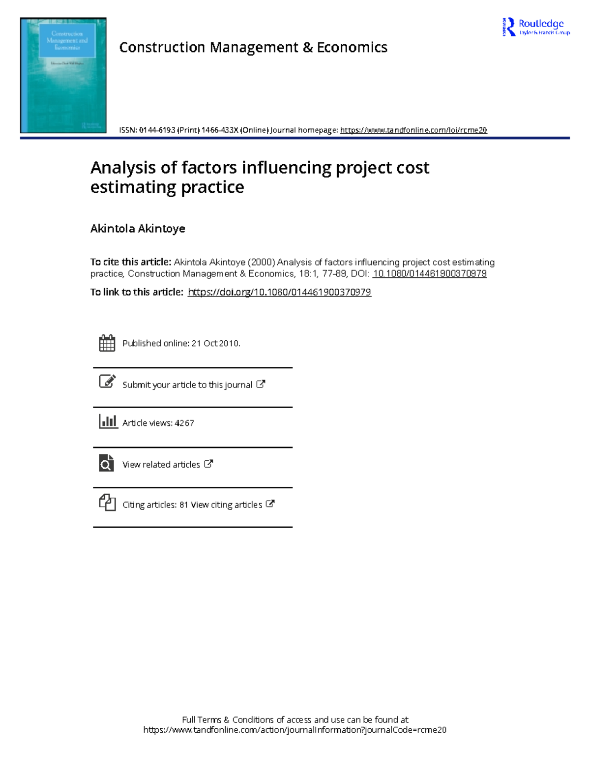 Analysis of factors influencing project cost estimating practice - Full Terms & - Studocu