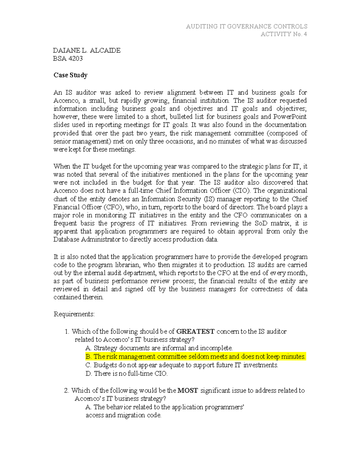 Activity 4 Auditing IT Governance Control - ACTIVITY No. 4 DAIANE L ...