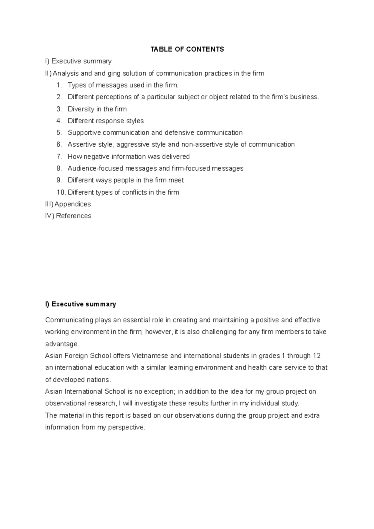 BC A3 - Final Assignment - TABLE OF CONTENTS I) Executive summary II ...