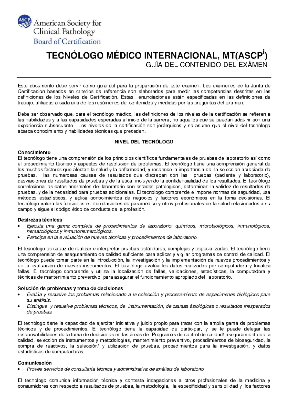 Tecnologo Medico Internacional MT ASCP i - TECNÓLOGO MÉDICO ...