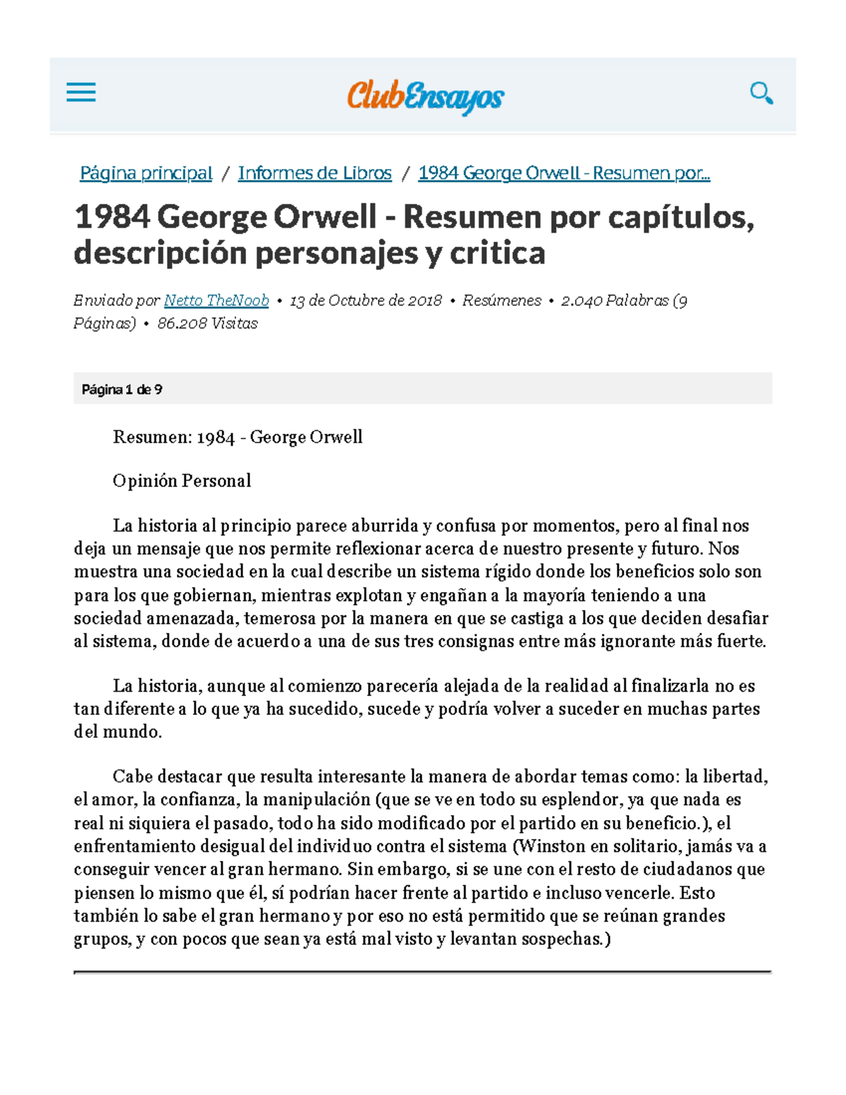 1984 George Orwell - Resumen por capítulos, descripción personajes y ...