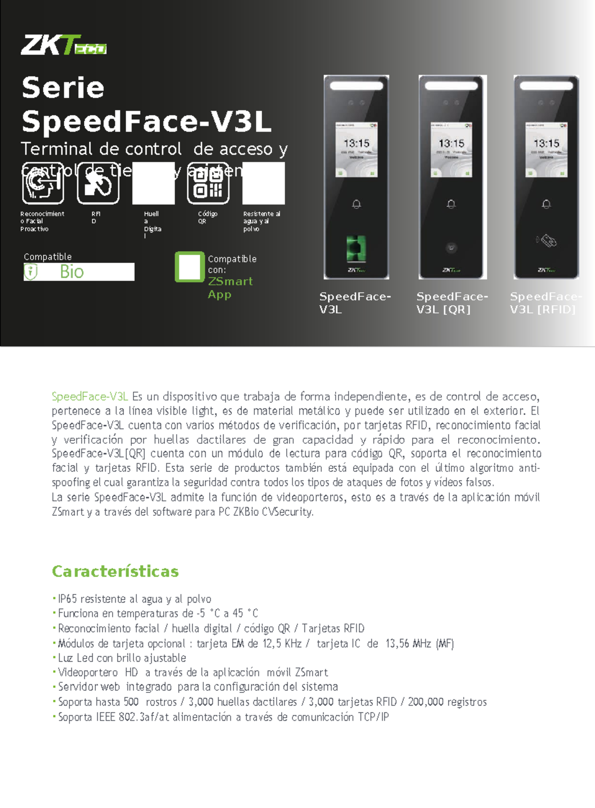 ZK- Speedface-V3L ID - zk bio - Serie SpeedFace-V3L Terminal de control ...
