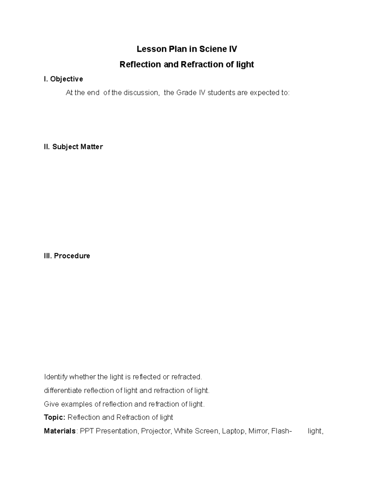 Alih lppp - Lesson Plan in Sciene IV Reflection and Refraction of light ...