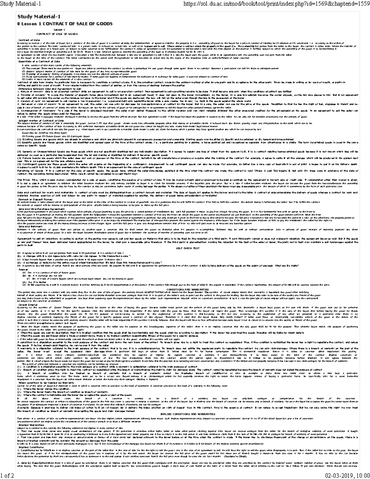 Sale of goods notes - Study Material- 8 Lesson 1 CONTRACT OF SALE OF ...