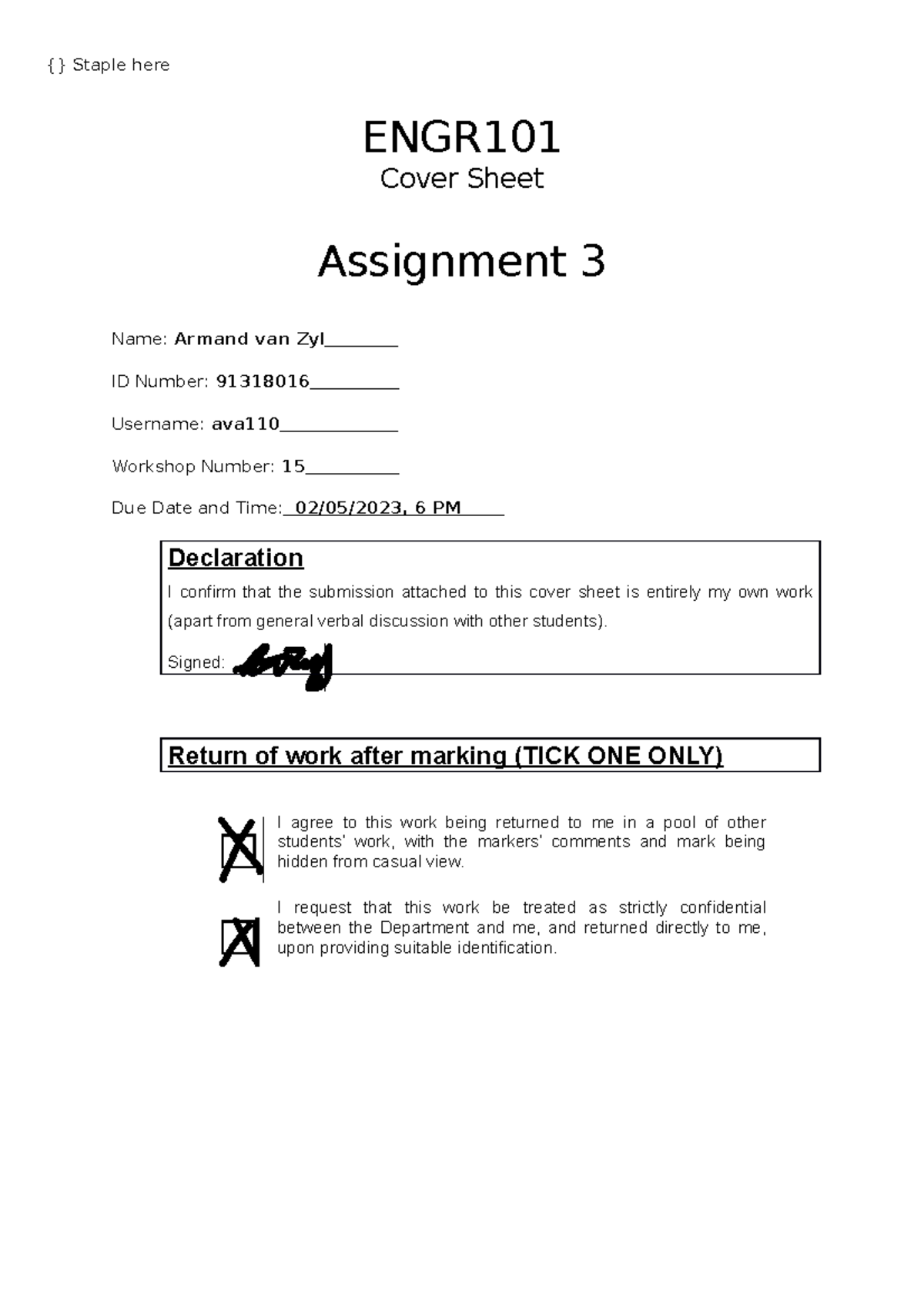 ENGR101 Assignment 3 - {} Staple here ENGR Cover Sheet Assignment 3 ...