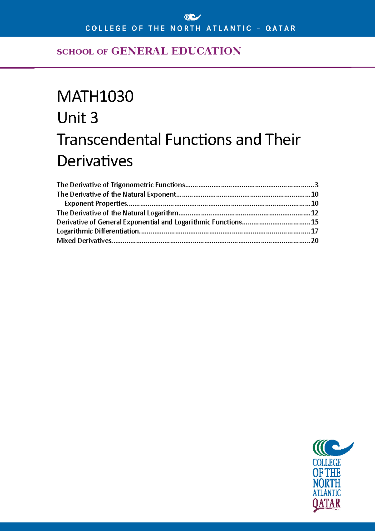 Unit 3 Notes For Calculus School Of General Education Math Unit 3 Transcendental Functions And 