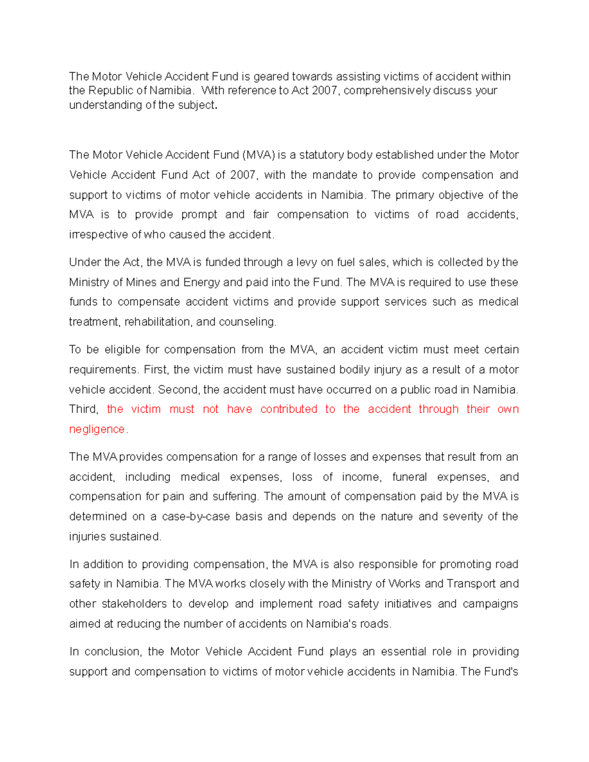 The Motor Vehicle Accident - With reference to Act 2007 ...