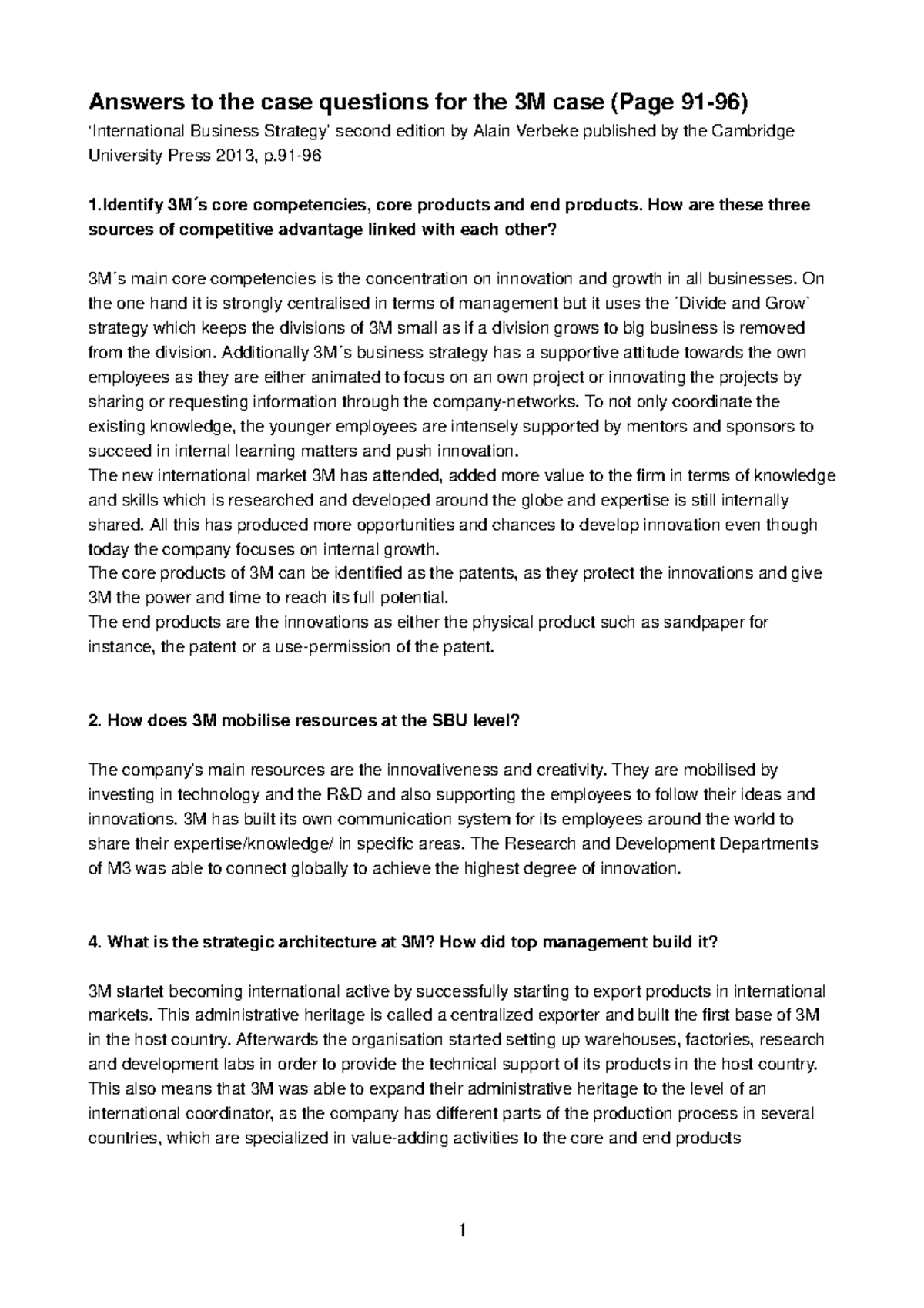 Verplichte opgaven - 3M - Answers to the case questions for the 3M case ...