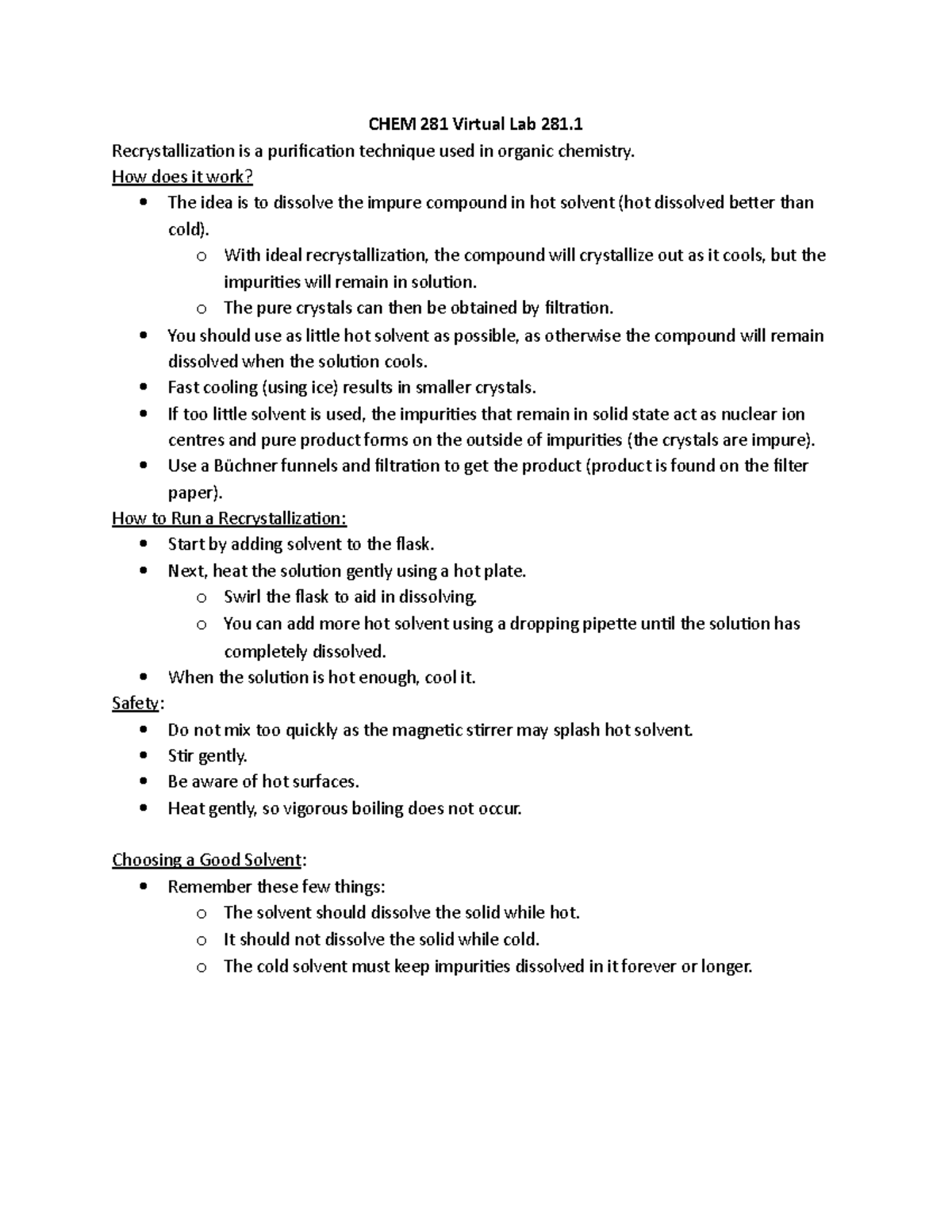 Lab 281.1 Notes - Carran - CHEM 281 Virtual Lab 281. Recrystallization ...