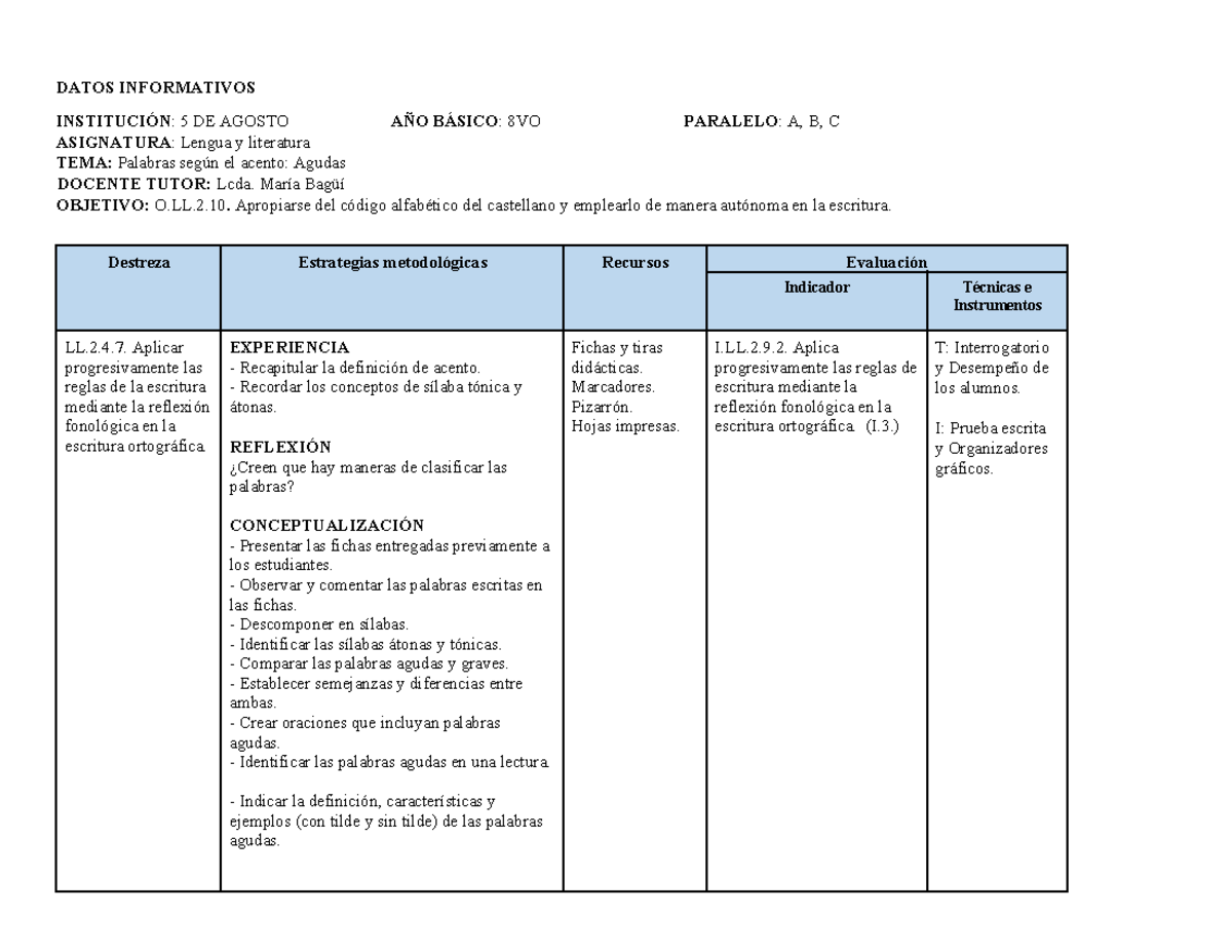 PLAN DE Clase - Palabras Agudas - DATOS INFORMATIVOS INSTITUCIÓN: 5 DE AGOSTO AÑO BÁSICO: 8VO ...