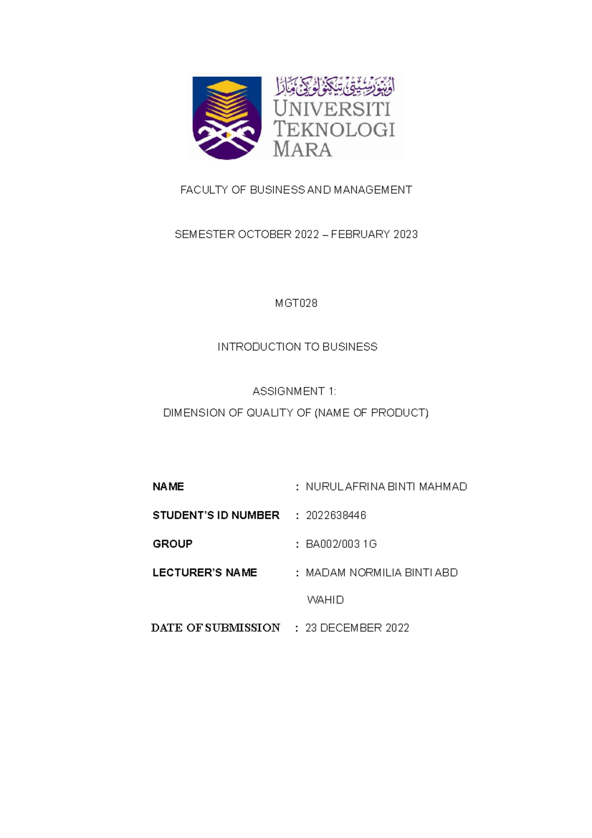 Mgt Individual Assignment - FACULTY OF BUSINESS AND MANAGEMENT SEMESTER ...