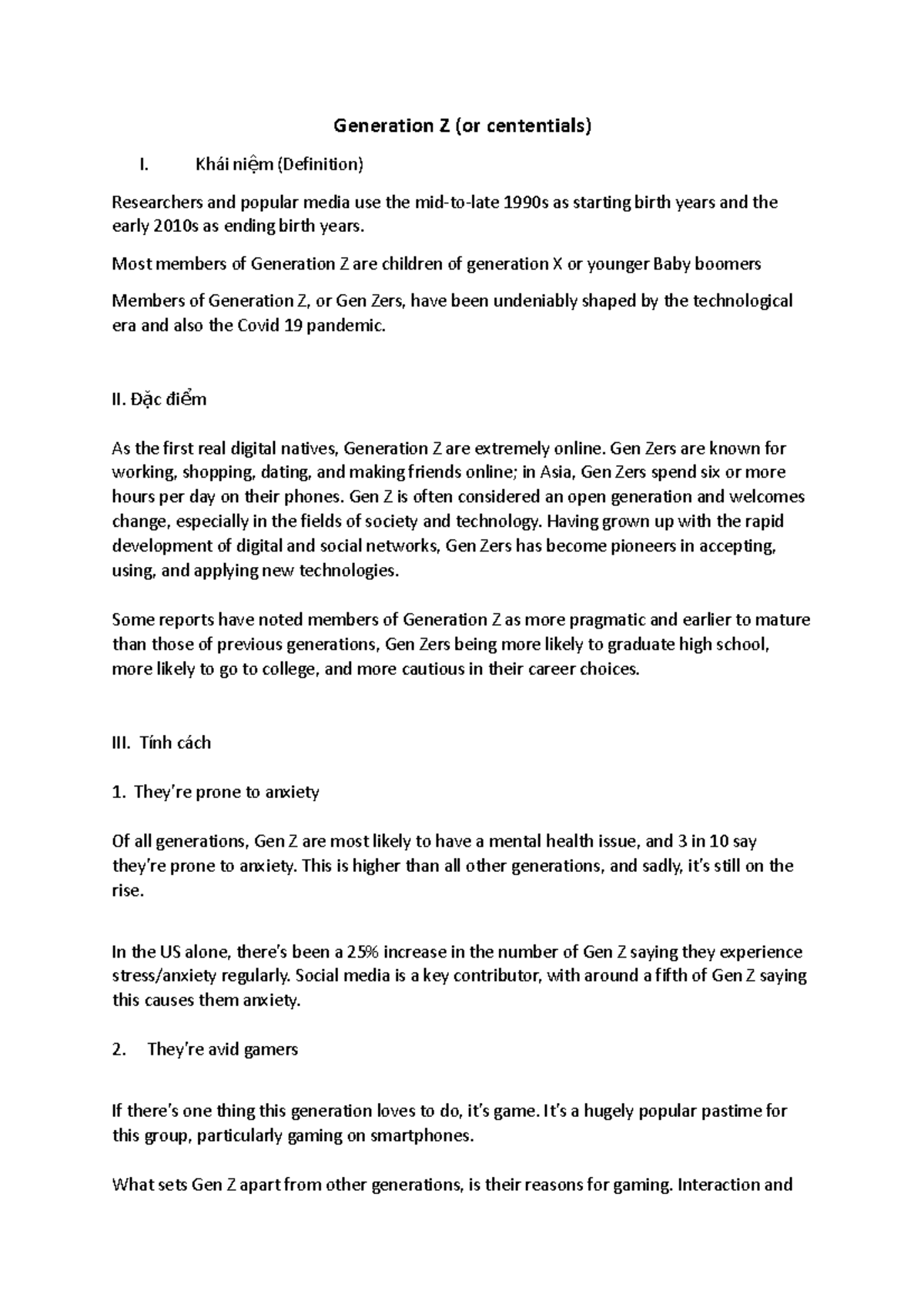 Gen Z - abc - Generation Z (or cententials) I. Khái ni ệm (Definition ...