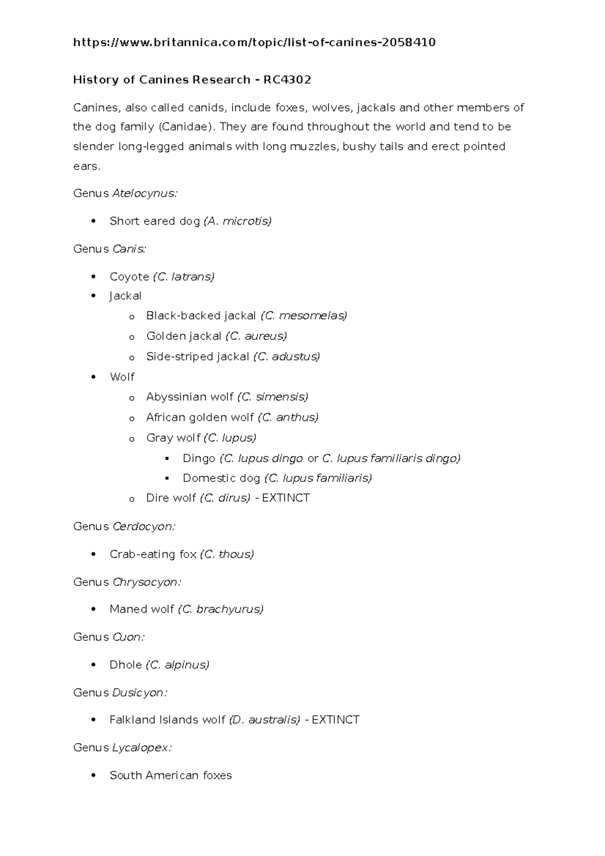 History of Canines Research - britannica/topic/list-of-canines-20 58410 ...