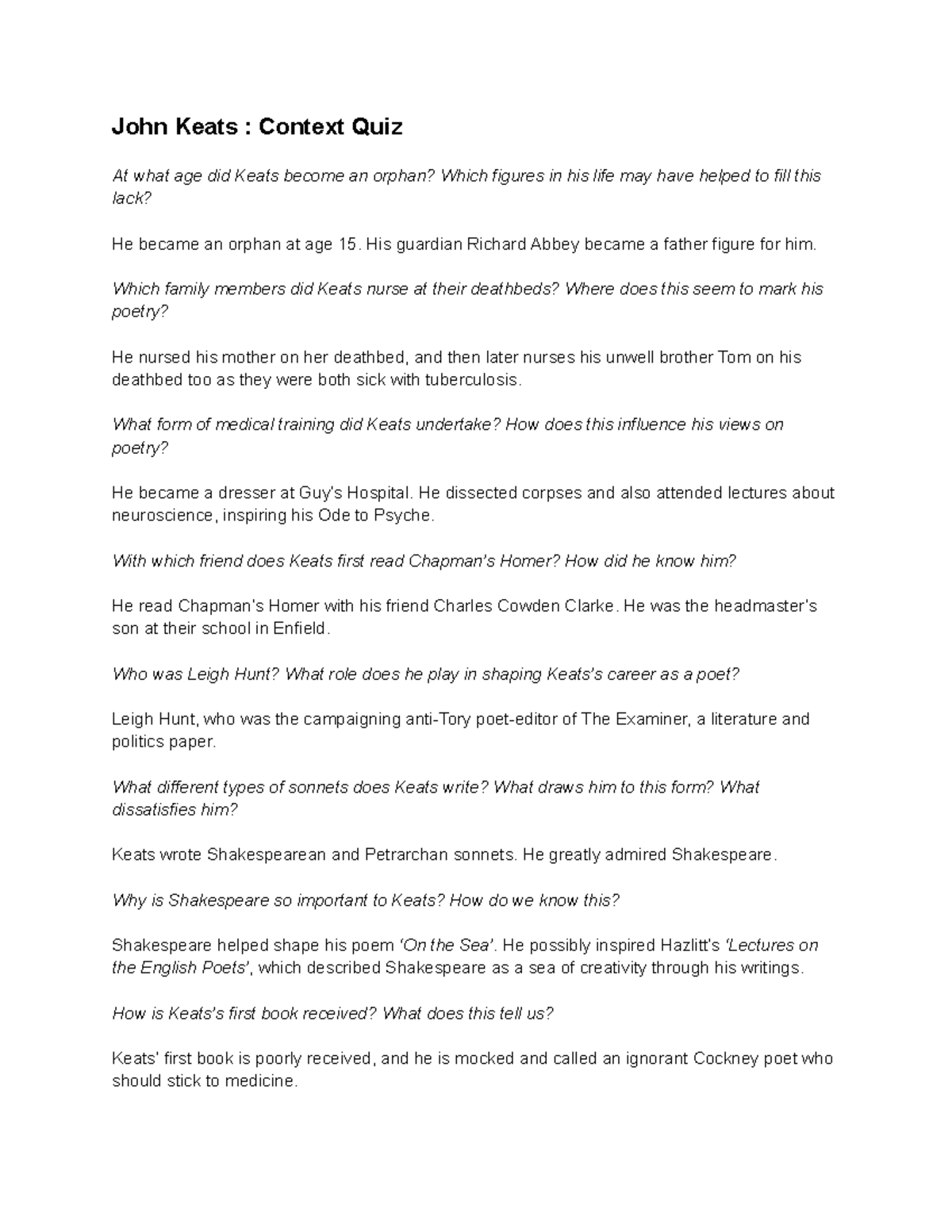 Keats 26 - 5s7 - John Keats : Context Quiz At what age did Keats become ...