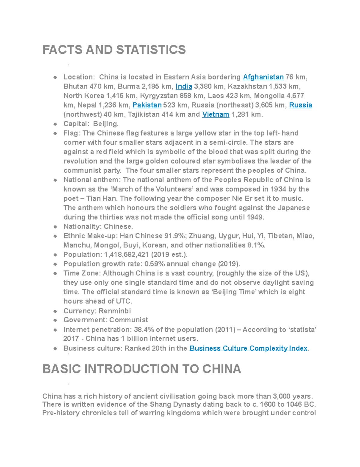 China Guide - FACTS AND STATISTICS Location: China is located in ...