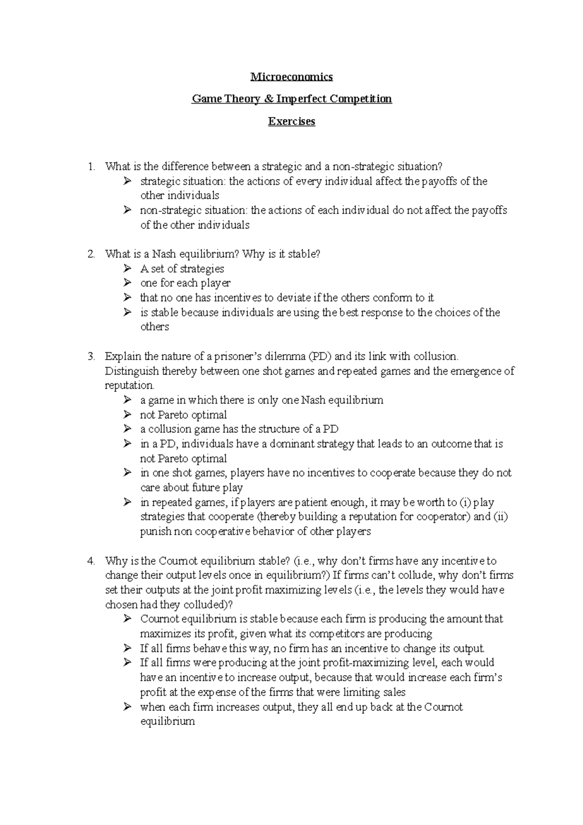 Microeconomics Game Theory & Imperfect Competition exercises ...