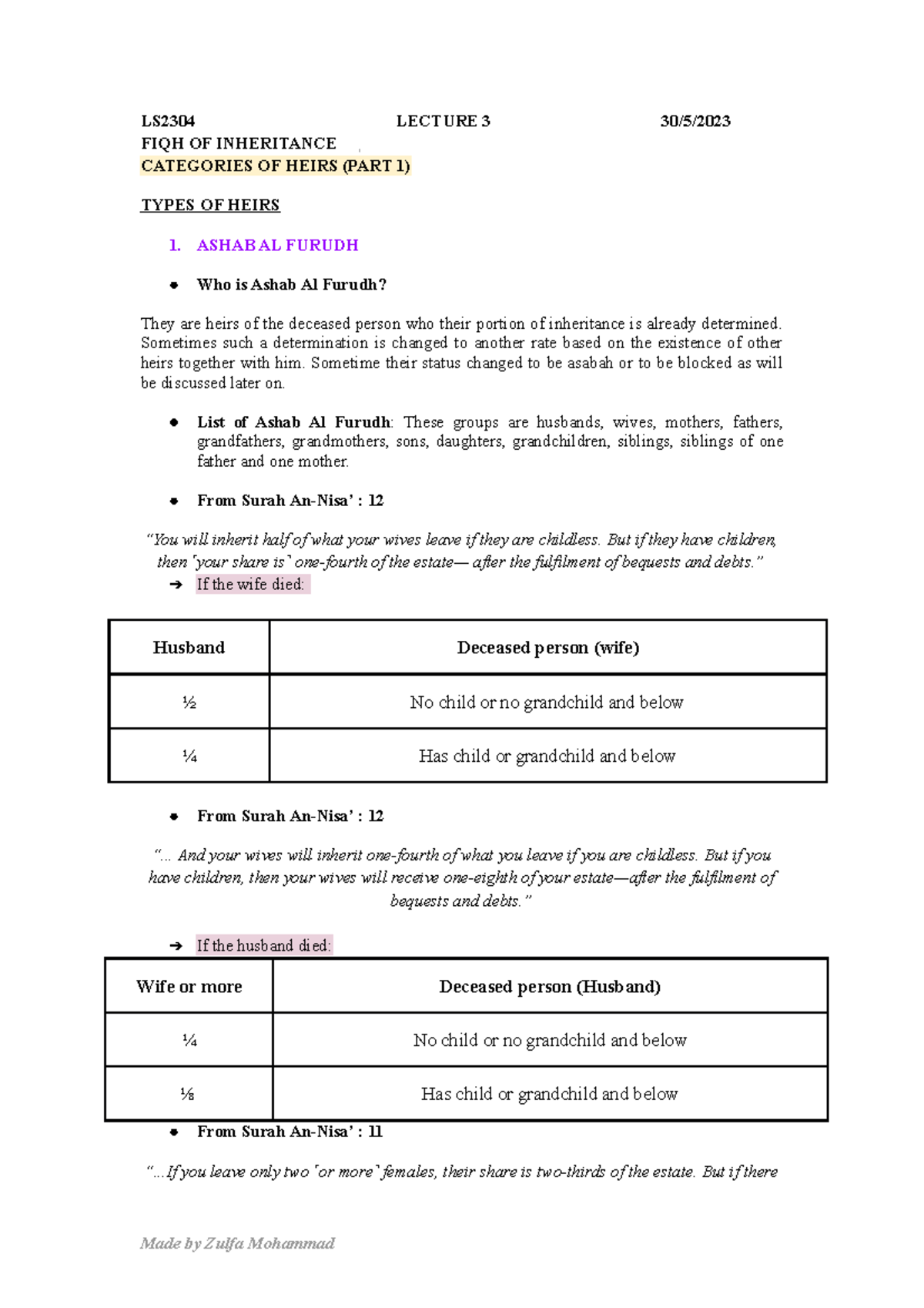 Categories Of Heirs [Part 1] - LS2304 LECTURE 3 30/5/ FIQH OF ...