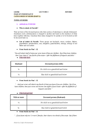 Factors of Inheritance - LS2304 LECTURE 2 24/5/ FIQH OF INHERITANCE ...