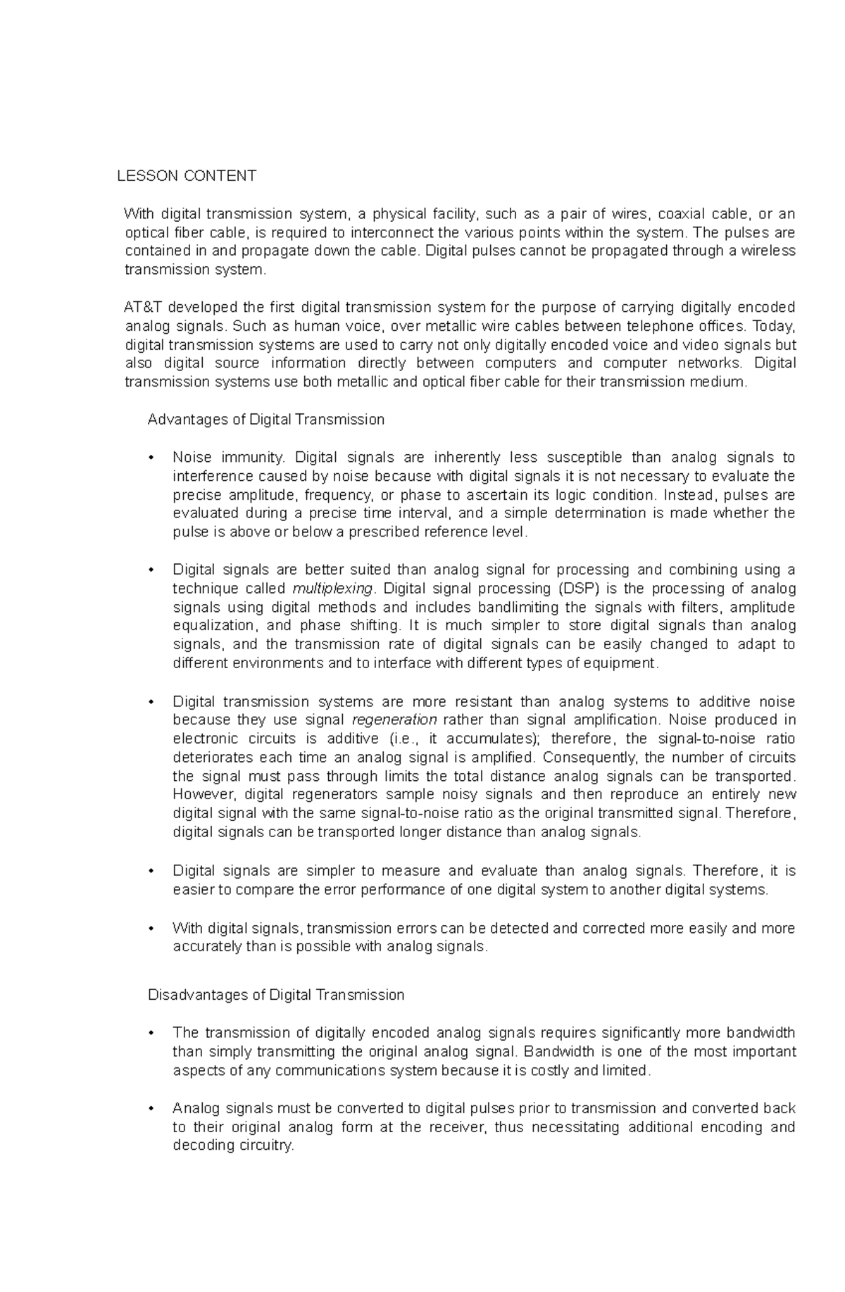 Modulation and Coding - IM 2 - LESSON CONTENT With digital transmission system, a physical ...