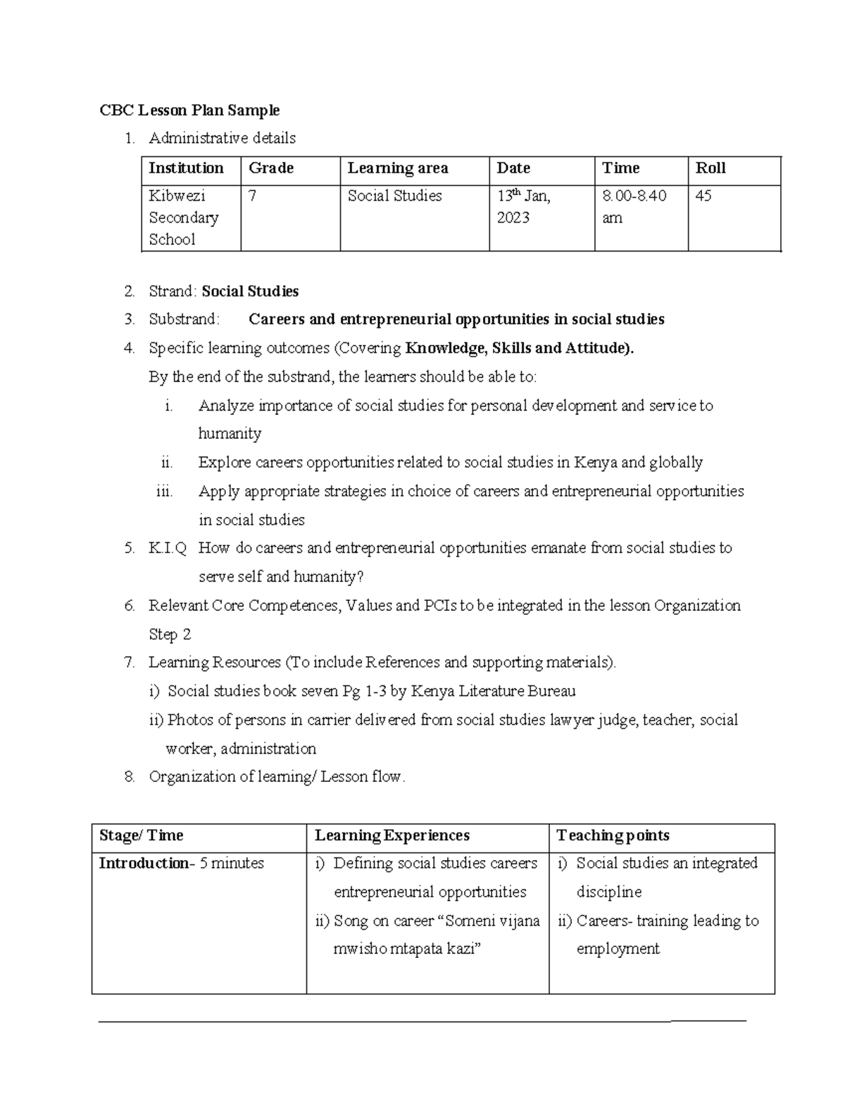 CBC Sample Lesson PLAN Social Studies - CBC Lesson Plan Sample 1 ...