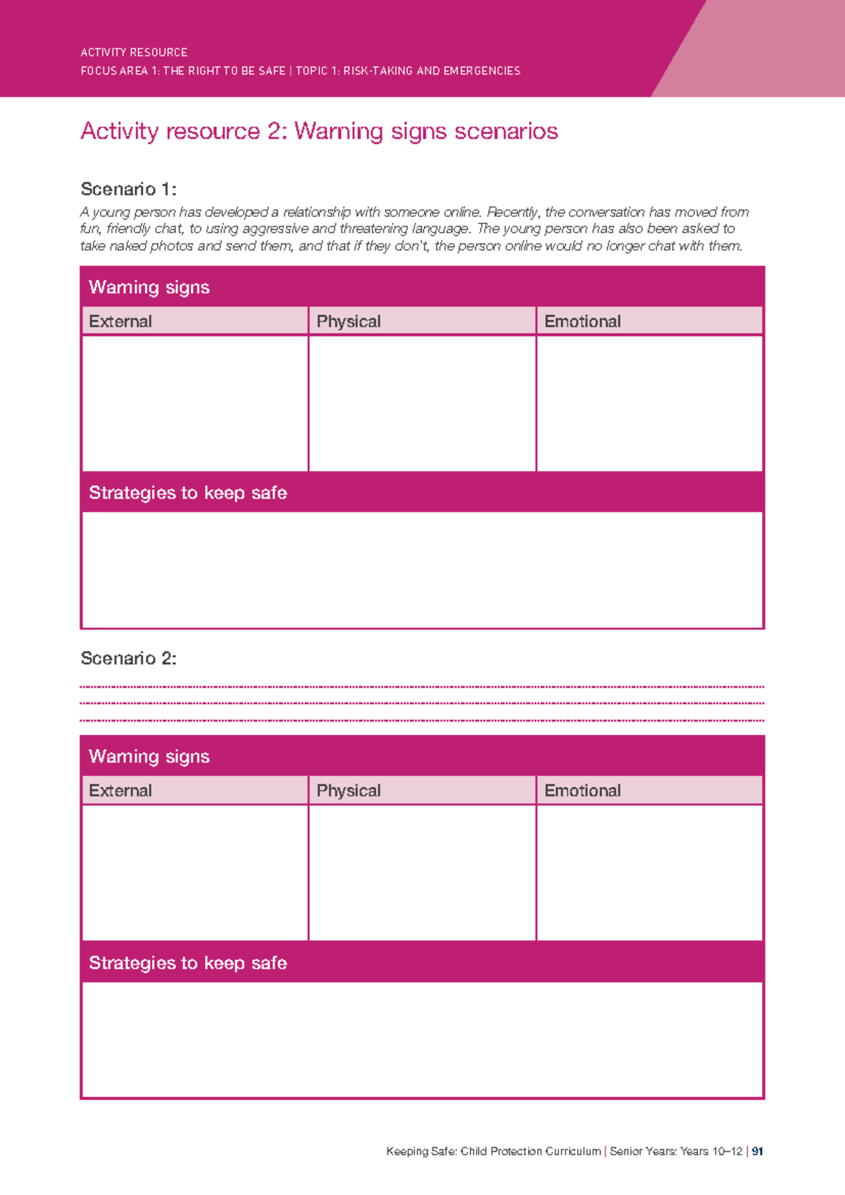 Warning Signs Scenarios - Activity resource 2: Warning signs scenarios ...