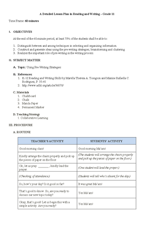 Detailed Lesson Plan in Reading and Writing Grade 11 - PERFORMANCE ...