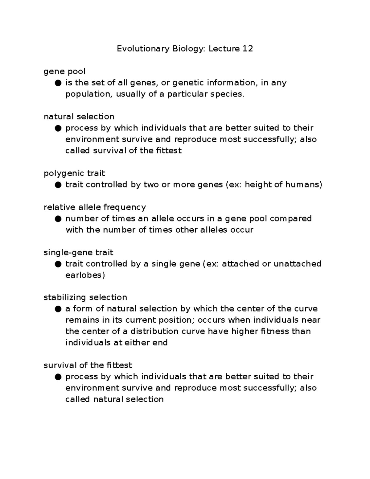 Evolutionary Biology Lecture 12 - natural selection process by which ...