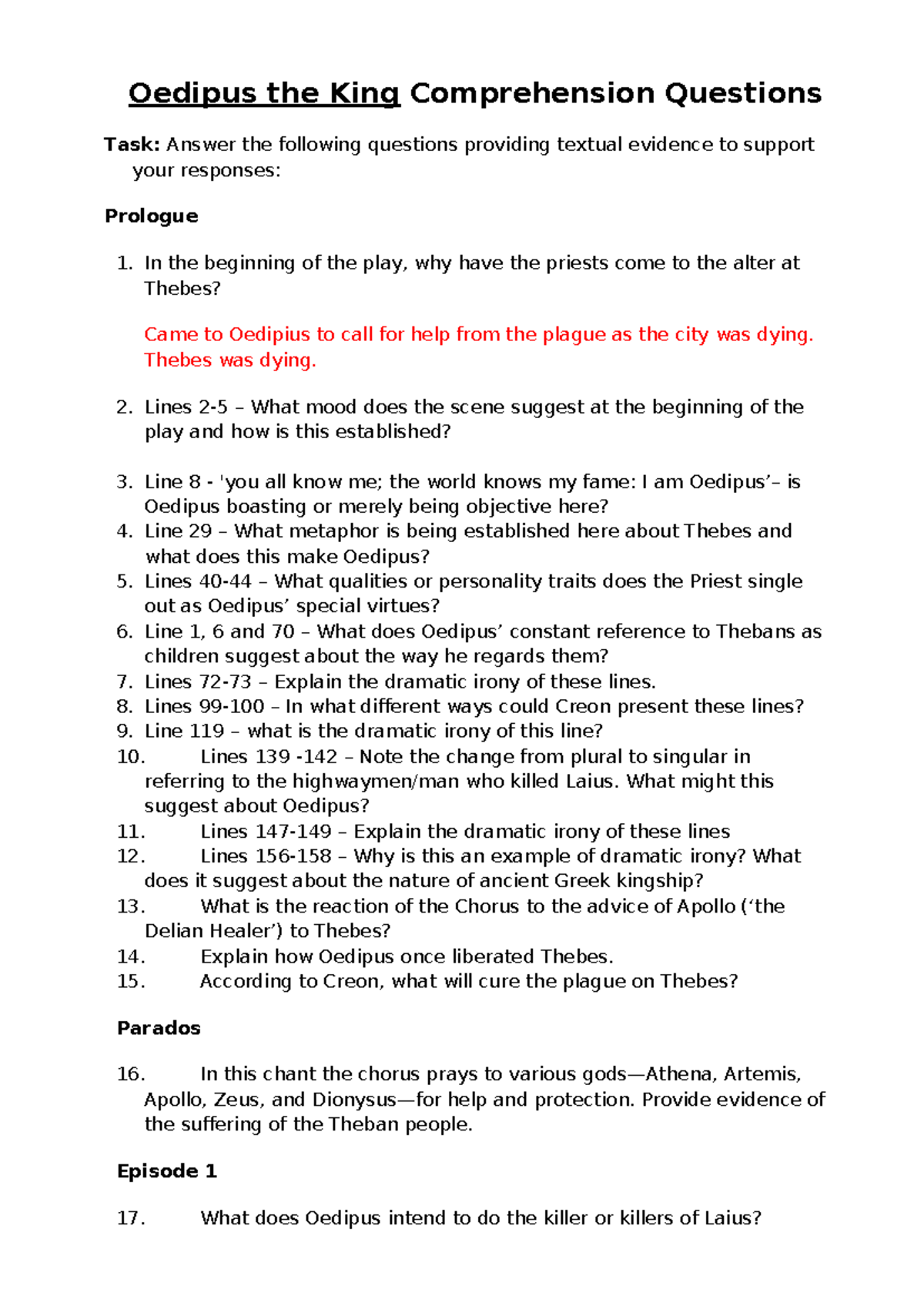 Oedipus Reading Comprehension Questions - Studocu