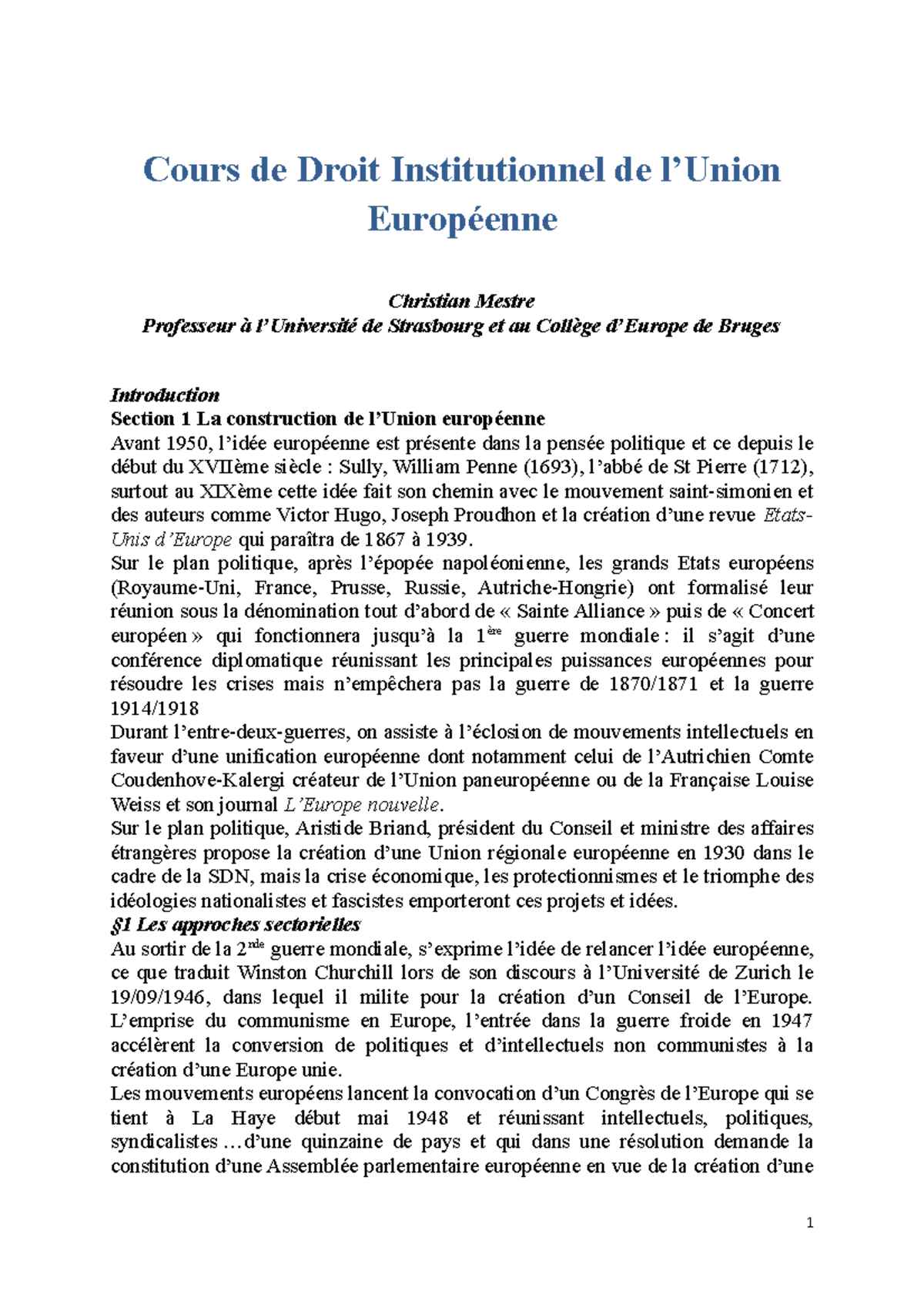 Cours de droit institutionnel de l UE - Cours de Droit Institutionnel ...