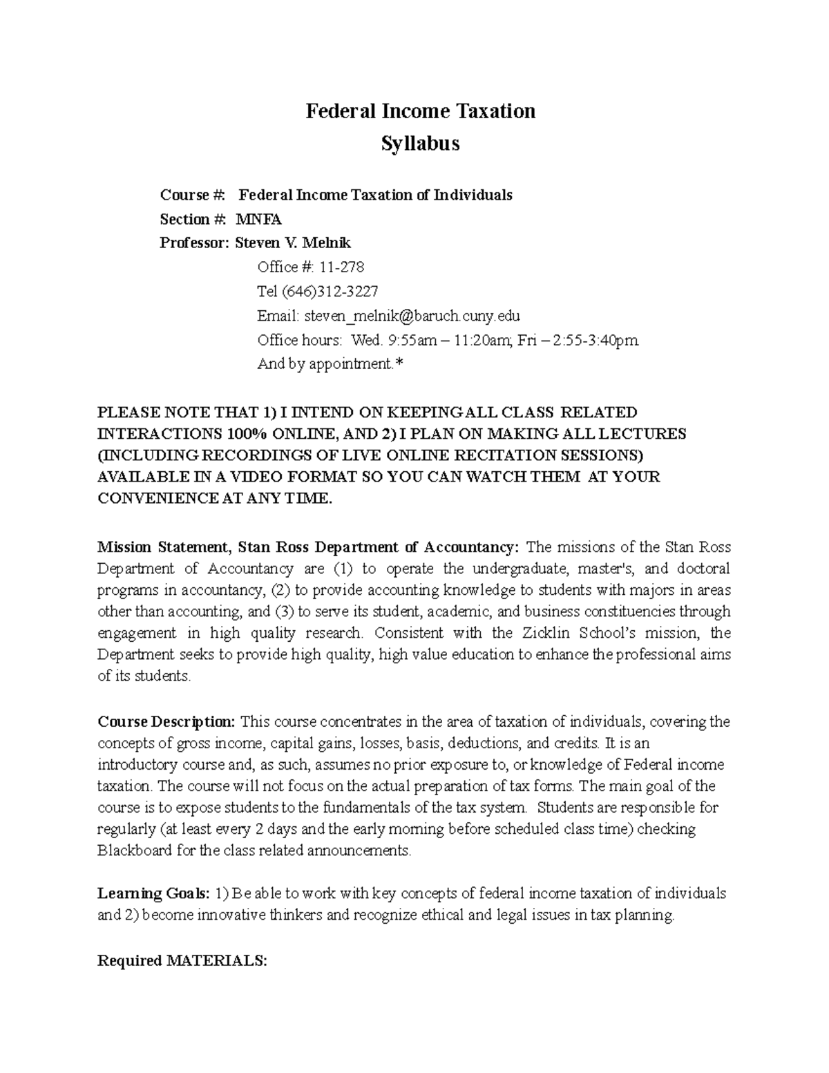 TAX3300 Federal Income Taxation MNFA Fall 2021 Syllabus - Federal ...