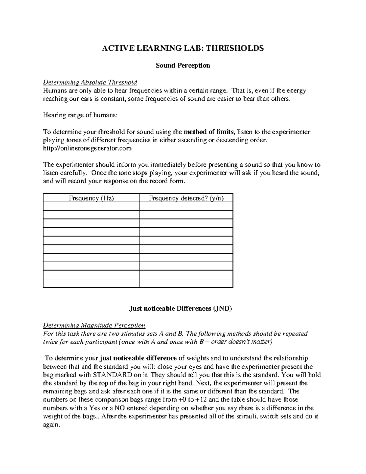 Lab1rev - Lab 1 - ACTIVE LEARNING LAB: THRESHOLDS Sound Perception Determining Absolute ...