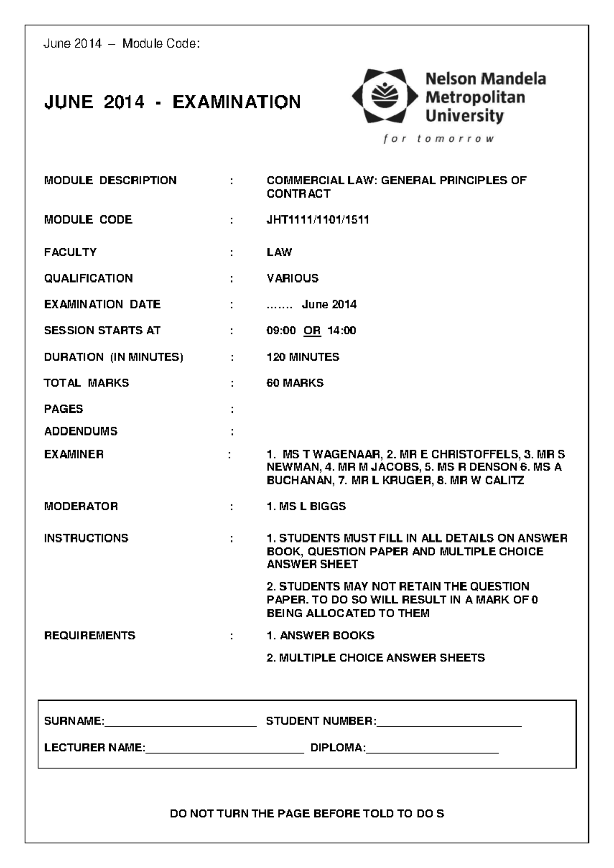 JHT - JUNE 2014 - EXAM Paper - Section B - June 2014 – Module Code: JUNE 2014 - EXAMINATION ...